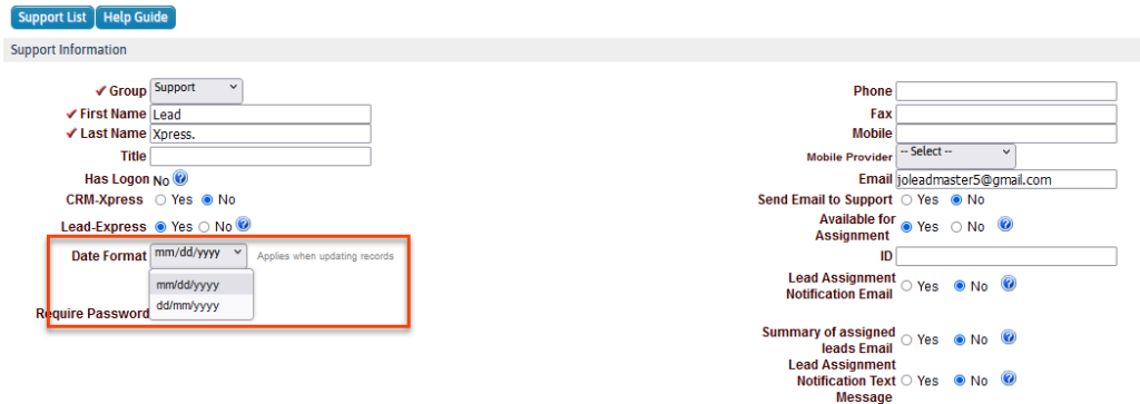 LeadMaster CRM Knowledgebase - How do I set the Date formatting for Lead-Xpress Users?